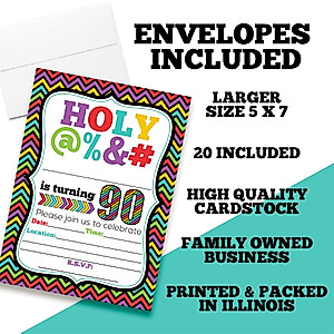 HOLY @% 90th Birthday Party Invitations, 20 Funny 5x7 Fill In Cards with Twenty White Envelopes for Milestone Birthdays by AmandaCreation