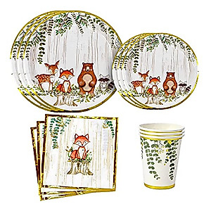 YARA Woodland Creatures Theme Baby Shower & Birthday Party Supplies For Boy & Girl Decorations with paper plates, napkins and cups of Forest Animal Friends Fox Deer Bear Racoon Tableware Set Serves 24