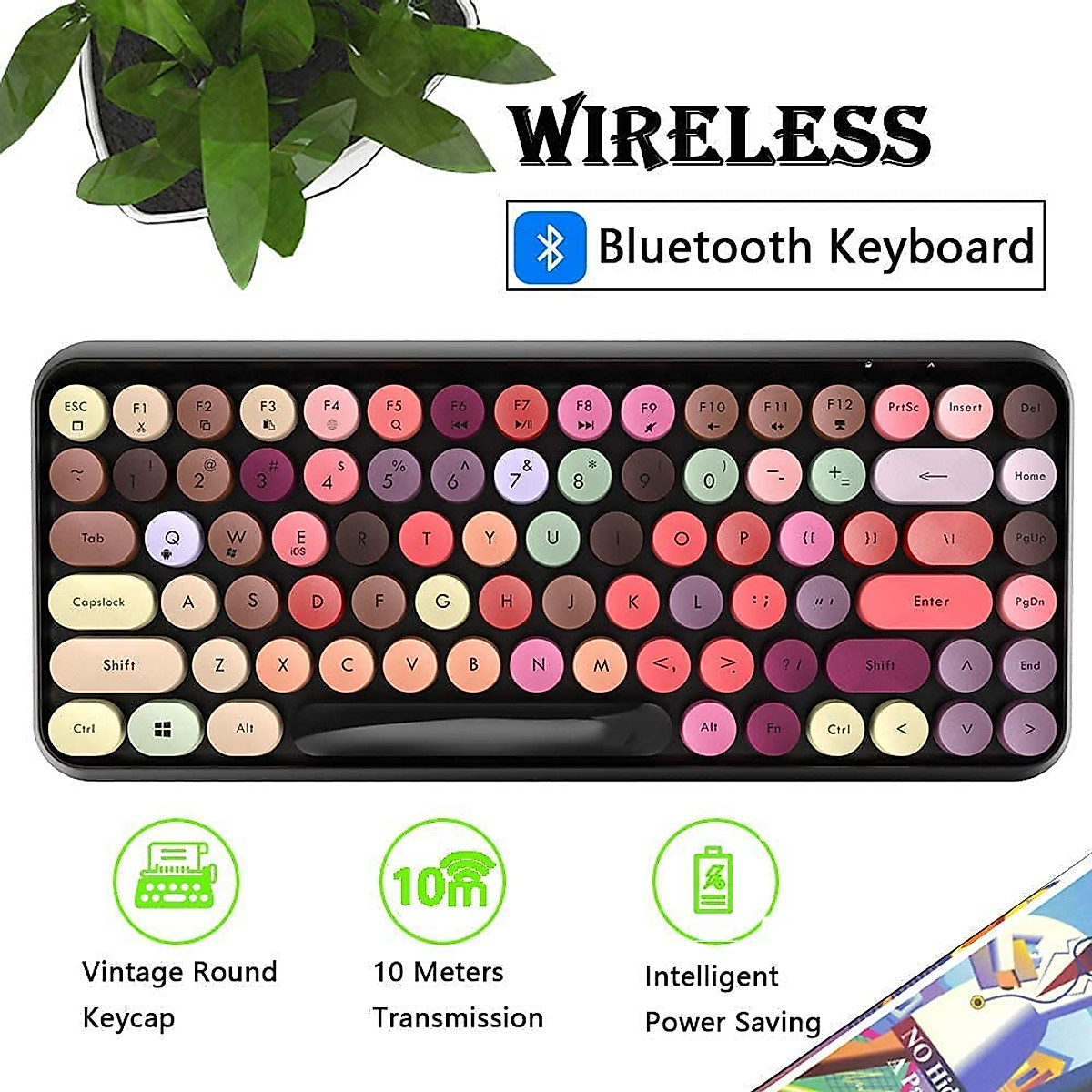 FELICON Multi-Device Wireless Bluetooth Keyboard,Mini 84-Key Retro Round Keycaps Wireless Bluetooth Keyboard, Ergonomic Design Compatible with PC, Computer, Laptop