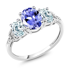Gem Stone King 10K White Gold Blue Tanzanite Sky Blue Aquamarine & Diamond Accent 3-Stone Engagement Ring | 2.07 Cttw | 3 Stone Wedding Engagement Anniversary Promise Ring For Women (Size 5)