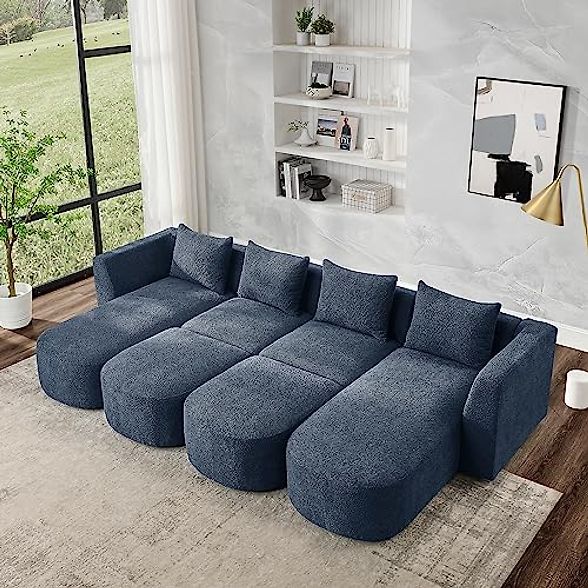 Eafurn Free Combination Modular Sectional, Loop Yarn Upholstery U-Shaped Convertible Double Chaise and 2 Movable Ottomans,5-Seater Sherpa Sofas & Couches for Living Room Sets, Navy