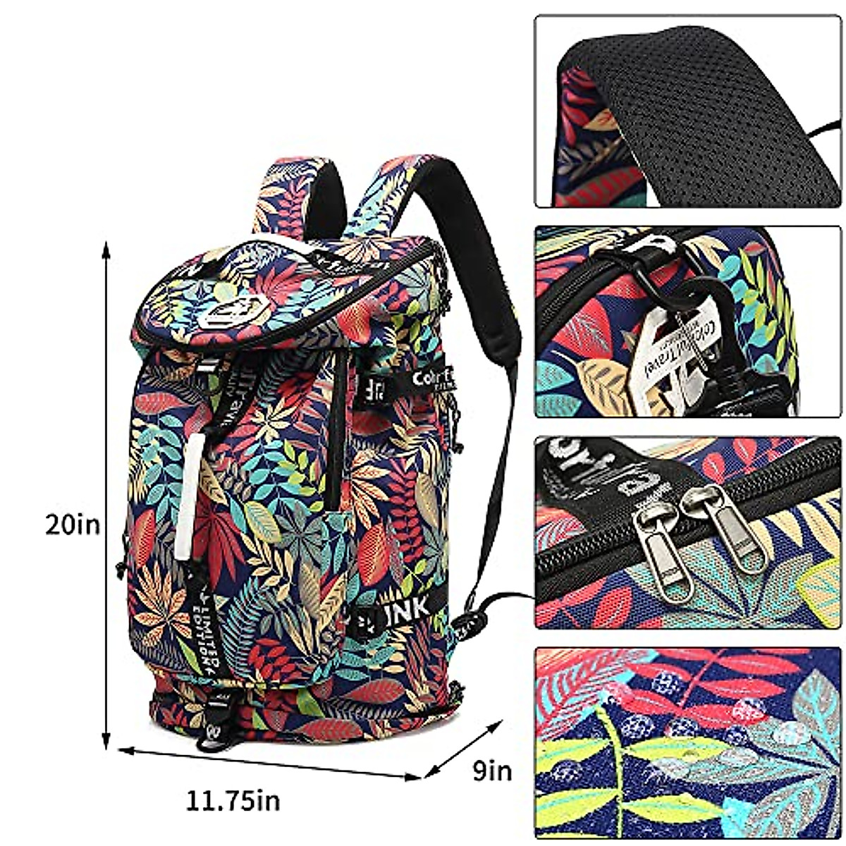 Floral Gym Duffle Bag Backpack 4 ways for Women Waterproof with Shoes Compartment for travel Sport Hiking laptop Lightweight, Kalesi XL