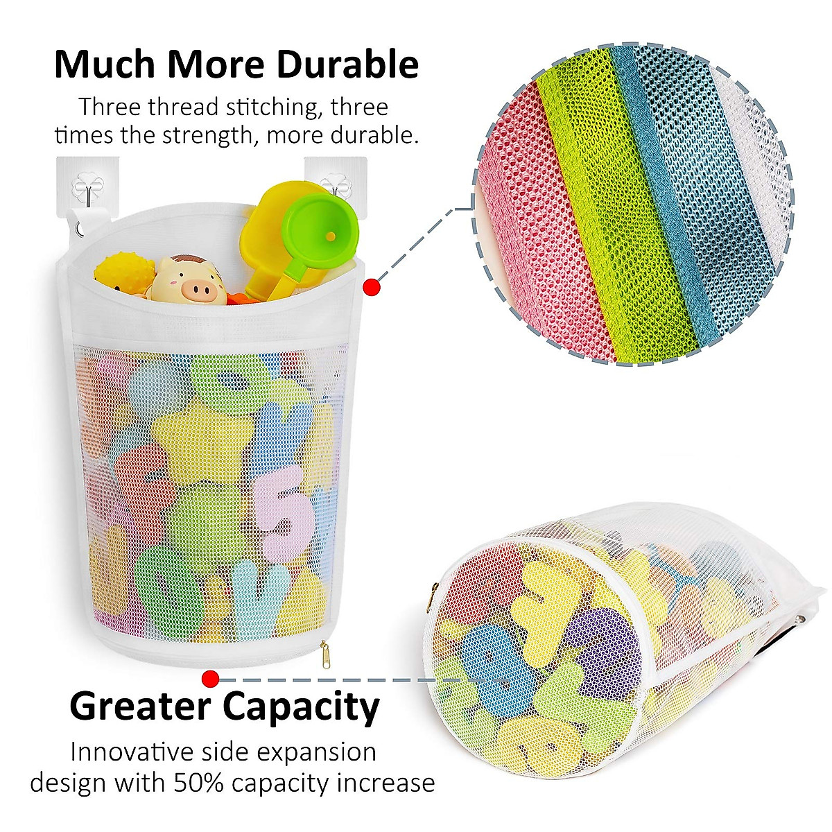 FHDS Clever Zippered Mesh Bath Toy Organizer, Multiple Ways to Hang, Ultra Large Capacity & Large Opening, Multi Use Bathtub Toy Storage Bag ( Large, White )