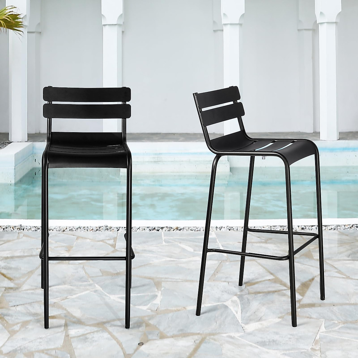 BOKKOLIK Metal Bar Stools with Backrest Extra Tall Patio Chairs Modern Cafe Chair for Outdoor Indoor Kitchen Dining Stool 31.4inch Seat Height (Set of 2) (Black)