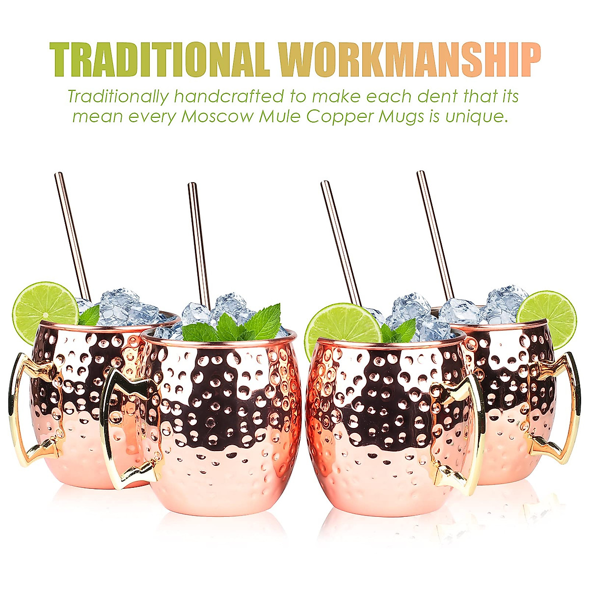 Hossejoy Moscow Mule Copper Mugs - Set of 4-100% Handcrafted Solid Copper Mugs, 16 oz Copper Cups with 4 Cocktail Copper Straws