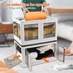 Sandmovie 4 Packs 15 Gallons Stackable Collapsible Storage Box with Wheels, Plastic Folding Box with 5 Doors