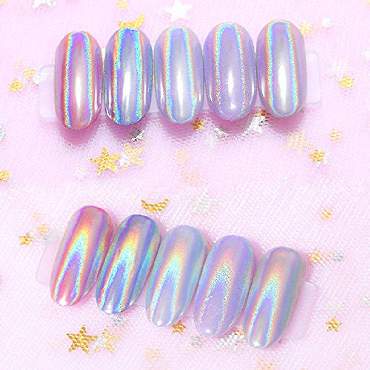 Holographic Laser Nail Powder Chrome Nail Powder Rainbow Color Manicure Pigment Glitter Dust with Multicolor Mirror Effect Shinny Holo Nail Powder with Nail Sponge Brush