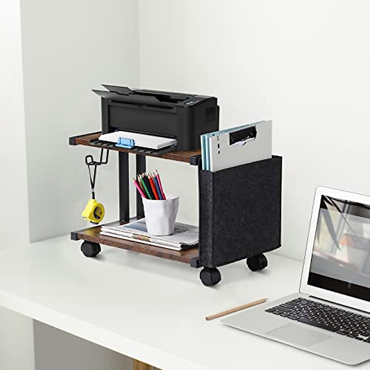 Printer Stand with Storage Bag Under Desk Printer Table on Wheels 2 Tier Small Desktop Rolling Stand Shelf for Fax Machine Scanner Files (Brown)