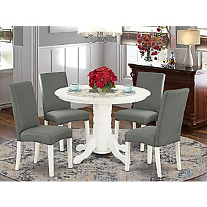 East West Furniture SHDR5-LWH-07 5 Piece Kitchen Table & Chairs Set Includes a Round Dining Room Table with Pedestal and 4 Gray Linen Fabric Parson Dining Chairs, 42x42 Inch, Linen White
