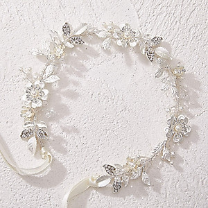 SWEETV Sliver Flower-Leaf Bridal Headpieces for Wedding Headband Bride Hair Pieces Crystal Flower Girl Hair Accessories