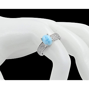 March Birthstone 9X7 MM Oval Natural Blue Larimar Cabochon Gemstone 925 Sterling Silver Solitaire Unisex Proposal Ring For Love and Friendship Gift (Rhodium Plated Silver, 7)