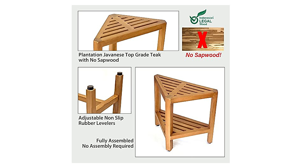 Durable Teak Corner Shower Stool with Shelf | Fully Assembled