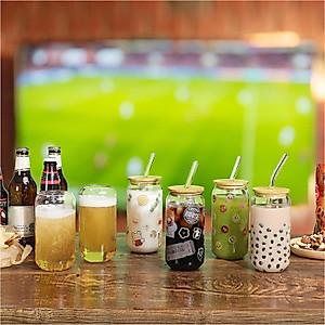 [ 8pcs Set ] Drinking Glasses with Bamboo Lids and Glass Straw - 16oz Can Shaped Glass Cups, Beer Glasses, Iced Coffee Glasses, Cute Tumbler Cup, Ideal for Cocktail, Whiskey, Gift - 2 Cleaning Brushes