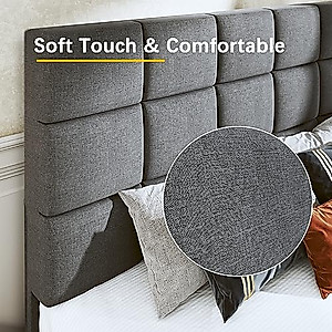 Fluest Queen Bed Frame Upholstered Bed Frame Platform with Adjustable Headboard Linen Fabric Tufted Headboard Wooden Slats Support, No Box Spring Needed, Easy Assembly, Mattress Foundation, Dark Grey