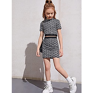 Milumia Girl Two Piece Outfits Geo Print Mock Neck Short Sleeve Tee and Mini Skirt Set Black and White 10 Years