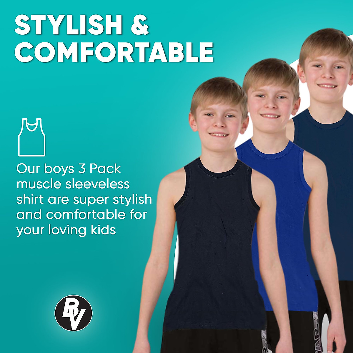 BROOKLYN VERTICAL Boys 3 Pack Muscle Shirt Sleeveless Tee - Tagless Cotton Super Soft (as1, Numeric, Numeric_6, Numeric_8, Regular, Combo A)