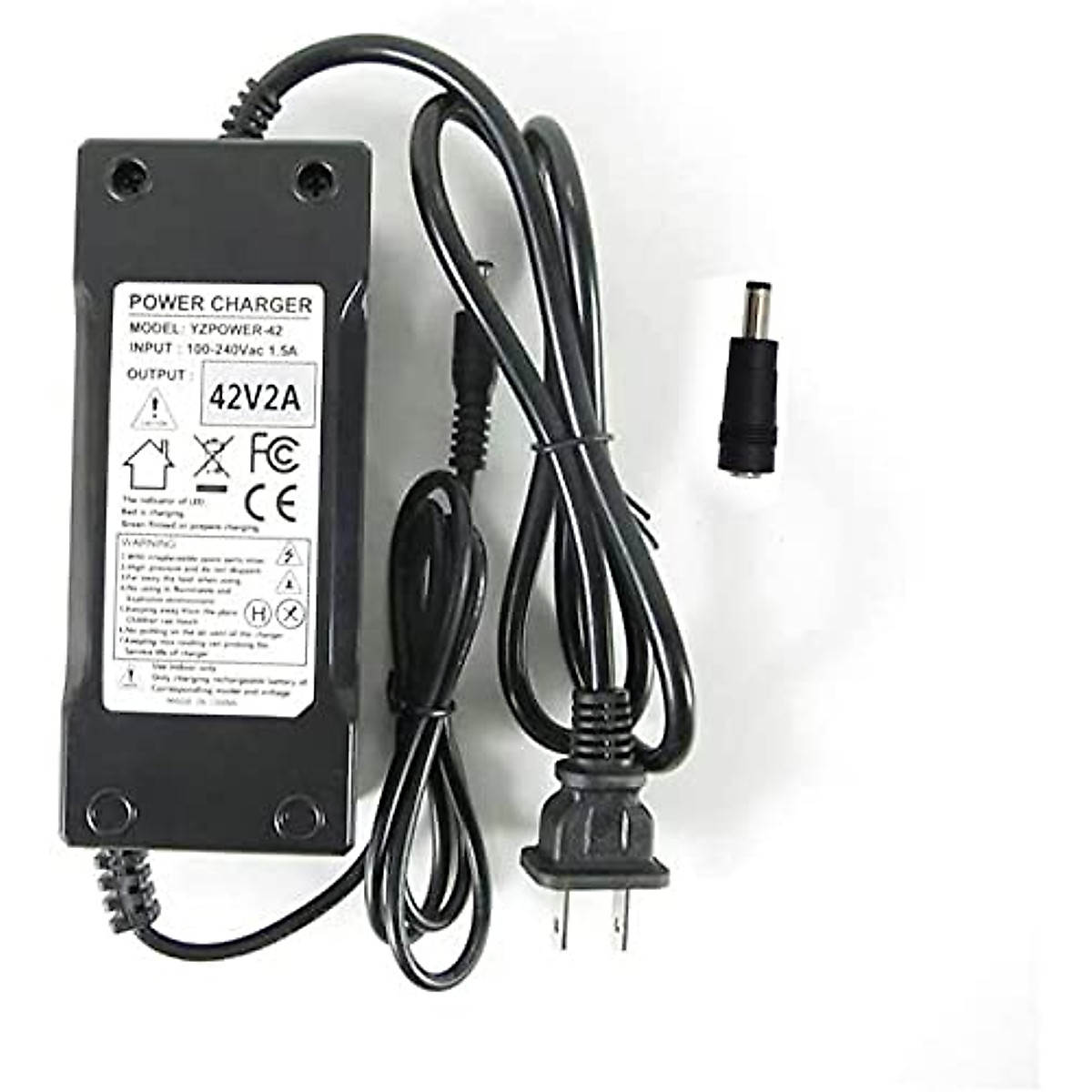 36V Lithium Battery Charger Output 42V 2A for 36V 10S Li-ion Batteries Pack DC 5.5 * 2.1mm Plug with a 5.5 * 2.5mm tip
