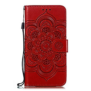LEECOCO for Samsung A20 Case Mandala Embossing Luxury PU Leather Flip Notebook Wallet Bookstyle Magnetic Stand Card Slot Folio Bumper Protection Cover for Samsung Galaxy A20 / A30 Mandala Red LD