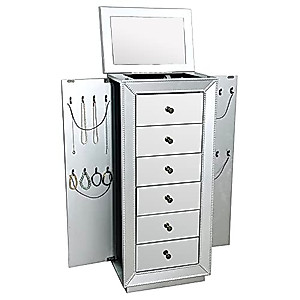Bedroom Living Room Vertical Filing Cabinet, 6 Drawers,Jewelry Armoire With Silver Mirrored, & 16 Necklace Hooks, 2 Side Swing Doors