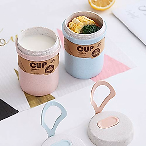 LZYMSZ 2PCS Wheat Straw Soup Cup, 300ml Portable Microwaveable Breakfast Cup, 2 Colors Porridge Lunch Box with Spoon for School Office Outdoor Travel Student (Blue and Pink)