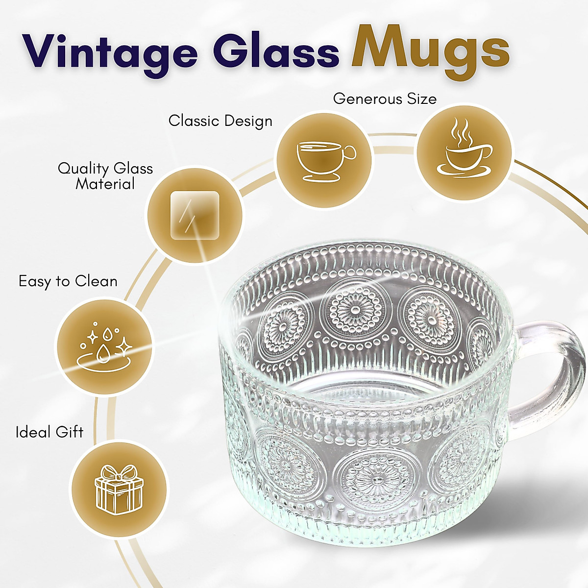 Scoozee Vintage Glass Coffee Mugs (4Pcs, 14oz), Overnight Oats Containers with Lids and Spoons, Clear Embossed Glass Cups | Coffee Bar Accessories, Gifts for Women, White Elephant Gifts