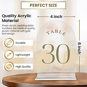 Table Numbers for Wedding Reception - Transparent Acrylic with Gold Writing, (Set of 1-30) Elegant Table Number Holders