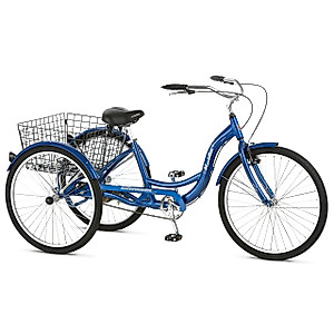 Schwinn Meridian Adult Tricycle Bike, Mens and Womens Three Wheel Beach Cruiser, 26-Inch Wheels, Low Step-Through Frame, Wide Seat, Rear Folding Basket, 1-Speed, Blue