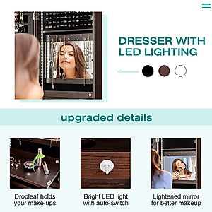 CHARMAID LED Strip Jewelry Armoire with 47.2" H Full Length Mirror, Wall/Door Mounted Jewelry Organizer with Built-in Mirror, Flip-over Cosmetic Tray, 4 Drawers, Large Storage Jewelry Cabinet (Coffee)