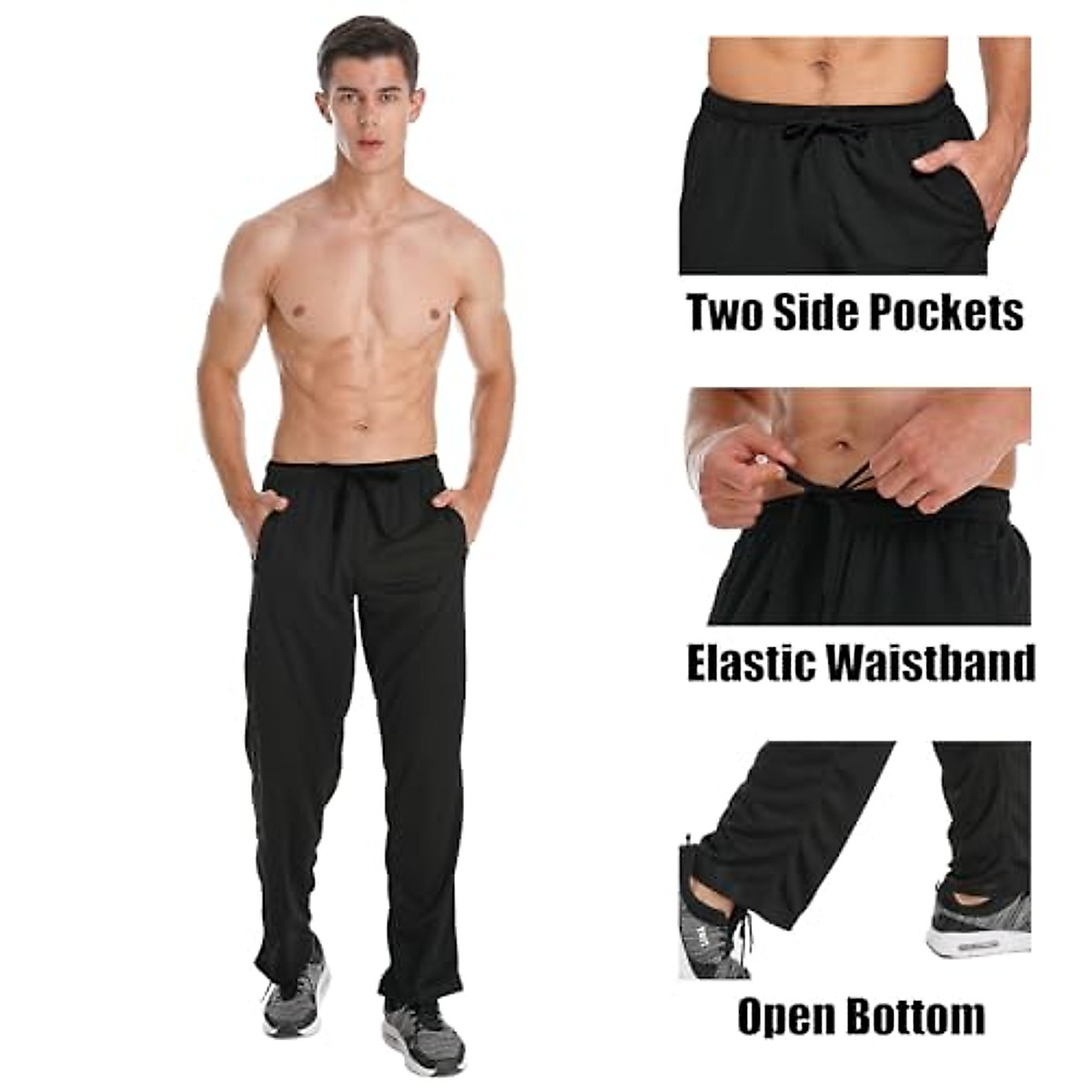 Susclude Sweatpants for Men Loose Fit Open Bottom Mesh Running Pants Lightweight Athletic Workout Gym Pants with Pocket Black S