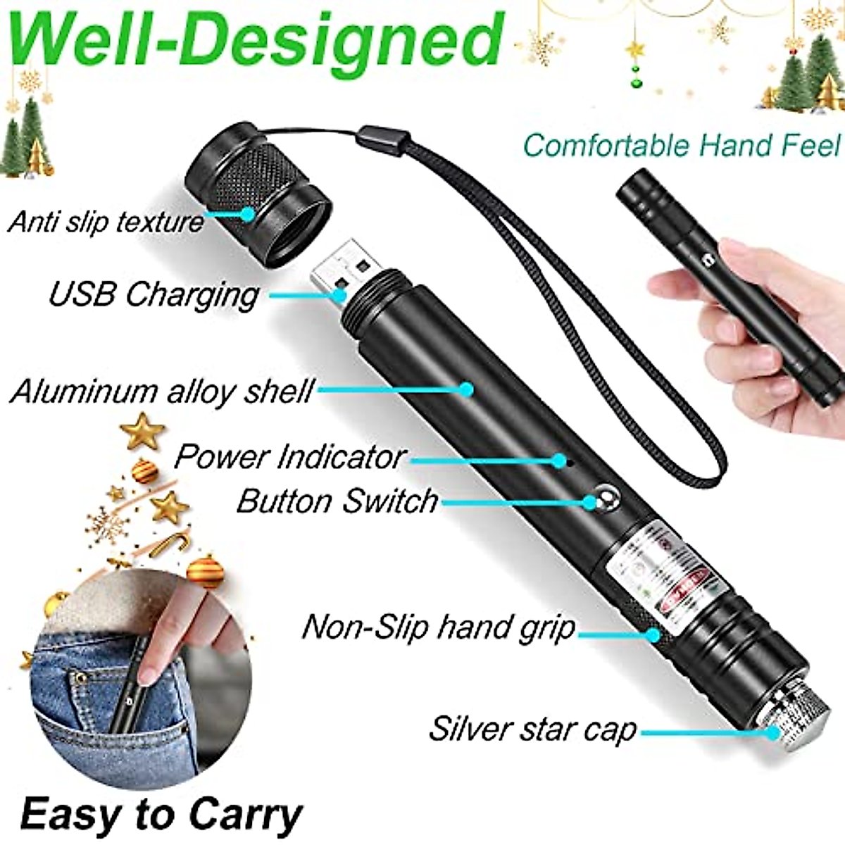 Green Laser Pointer High Power, High Power Laser Pointer Long Range Strong Green Laser Light Pointer USB Rechargeable Lazer Pointer Pen for Presentations Teaching Astronomy Hunting High Laser Pointer