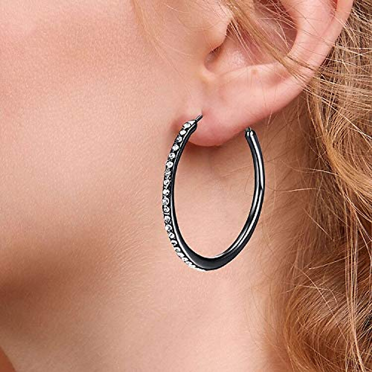 YUQIGG Hoops Earrings, Fashion Jewelry CZ Cubic Zirconia Rhinestone Black Hoop Earrings for Women Gifts 1.38in