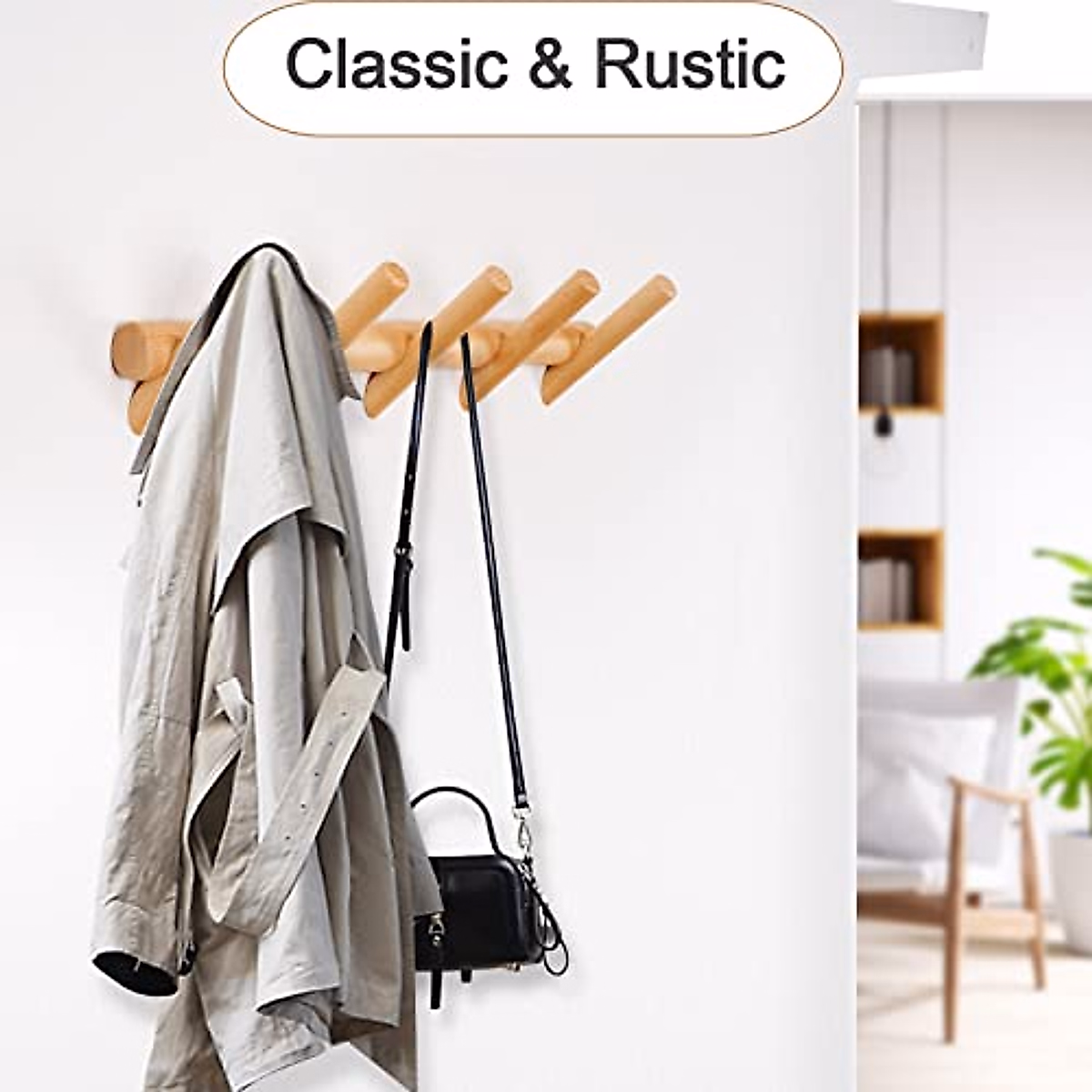 Goglory Wooden Coat Rack Wall Mount, Wood Coat Hooks Wall Mounted, 5 Wood Hooks for Hanging Coats Vintage & Pretty, Coat Hook Easy to Install, Wall Mounted Coat Rack for Hat, Robe, Backpack, etc
