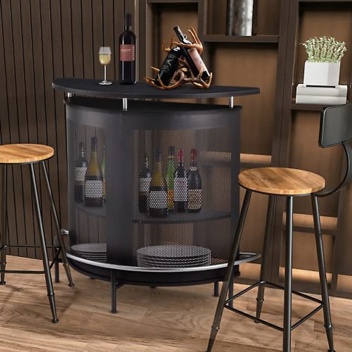 JOMEED Bar Table with Storage, High Top Table with Metal Mesh Front, Goblet Holders and Footrest, Semi Cylindrical Shape Black Liquor Bar for Home
