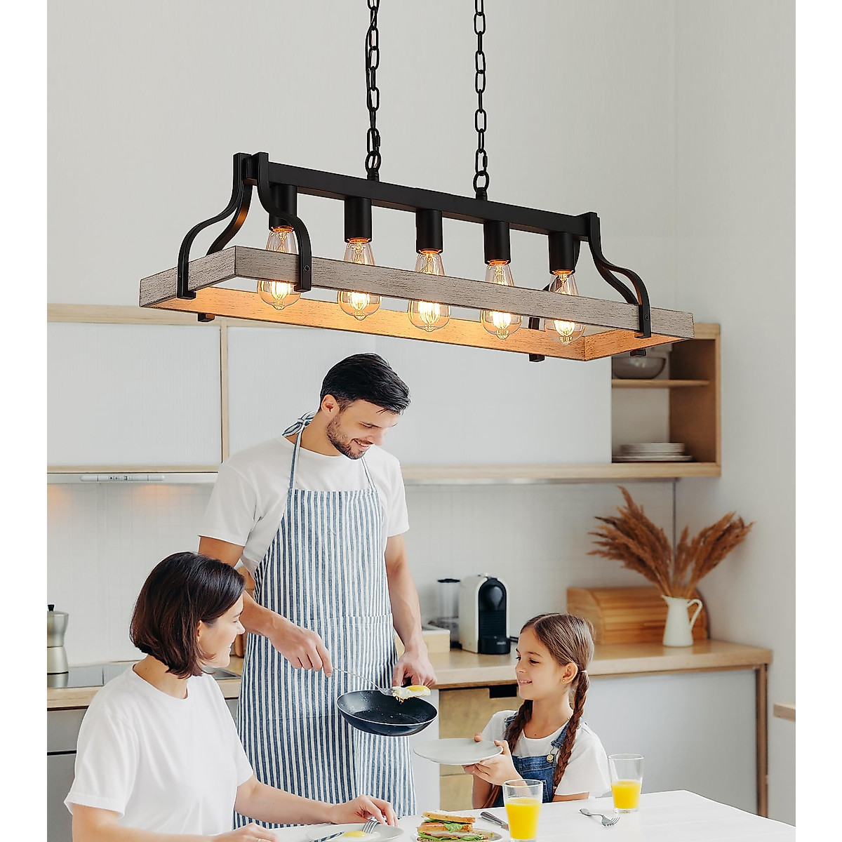 MEIXISUE Chandeliers for Dining Room Kitchen Island Lighting Fixtures Farmhouse Industrial 5-Lights Linear White Birch and Black Metal Finish Chandelier for Living Room UL Listed