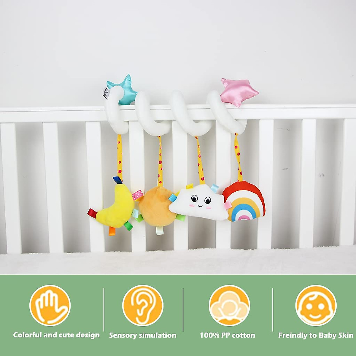 KAKIBLIN Hanging Toys for Car Seat Crib Mobile, Infant Baby Spiral Plush Toys for Crib Bed Stroller Car Seat Bar, White