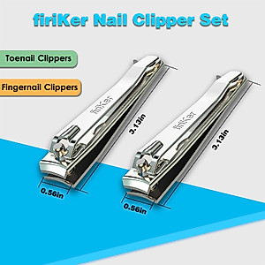 firiKer 2PCS Stainless Steel Nail Clippers,Professional Fingernail Clipper and Toenail Clipper, Wide Easy Press Lever Nail Cutter with Swing Out Nail Cleaner/File for Men and Women