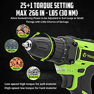 Yougfin Cordless Drill Set, 20V Power Drill Kit with Battery and Charger, 3/8" Keyless Chuck, Variable Speed, 25+1 Torque Setting, 34pcs Accessories Electric Drill Driver