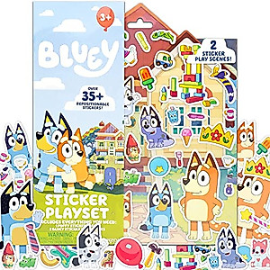 Bluey Sticker Playset, 35+ Reusable Bluey Stickers, 2 Sticker Play Scenes, Puffy Bluey Repositionable Stickers for Kids, Bluey & Bingo Removable Stickers, Perfect for Travel, Screen-Free Fun