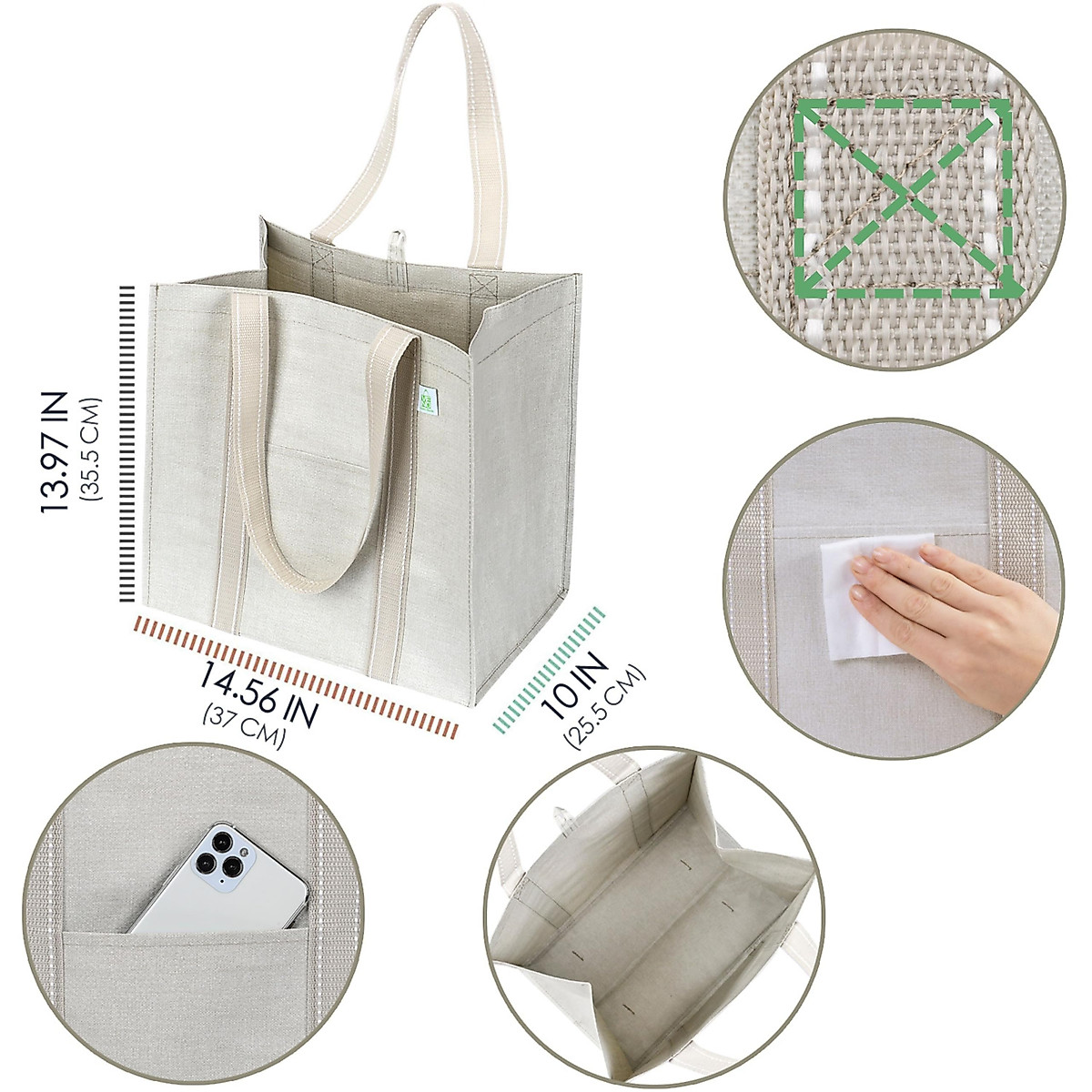 VENO 4 Pack Reusable Grocery Bags w/ Hard Bottom, Heavy-Duty Shopping Bags for Shopping Cart (Beige, 4 Pack)