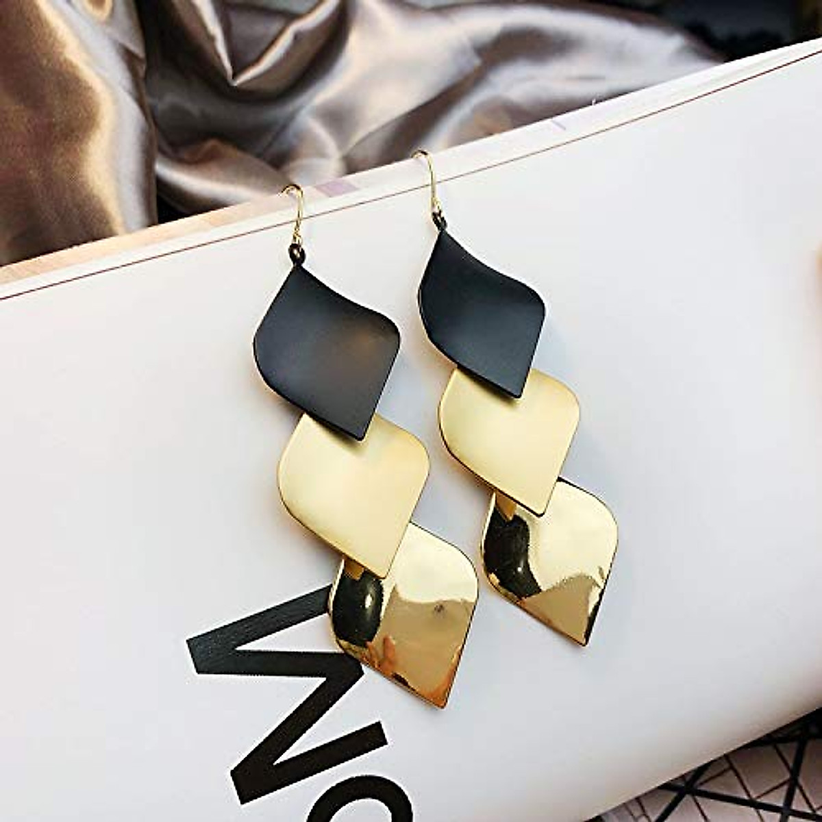 Long Square Dangle Drop Earrings Lightweight Fashion Geometric Earrings Square Gold Statement Dangle Earrings Minimalist Polished Simple Plain Geometric Flattened Hoop Earrings-Black