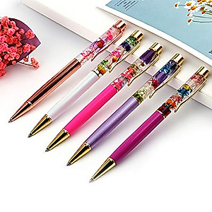 Ubabe Ballpoint Pens, 5 Pieces Rose Gold/White/Rose Red/Dark Purple Metal Ball Pen refillable Refills Black Ink Herbarium Floral Pens for Office Supplies