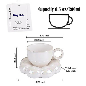 Koythin Ceramic Coffee Mug with Saucer Set, Creative Cute Cup with Sunflower Coaster for Office and Home, 6.5 oz/200 ml for Tea Latte Milk (Pearl White)