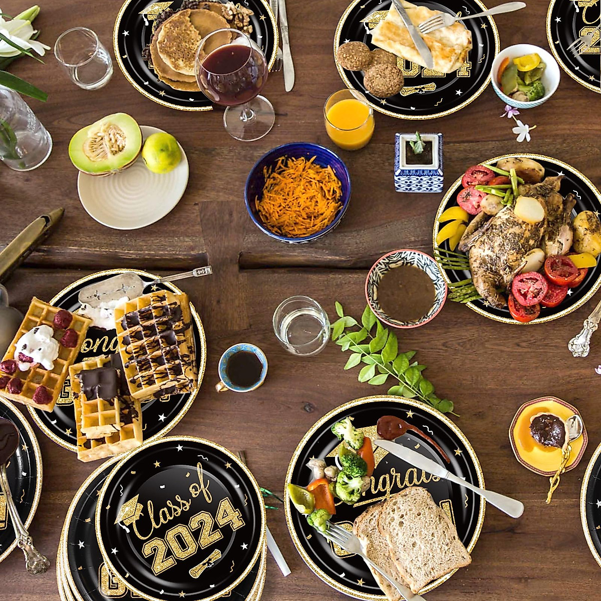 OuMuaMua Graduation Party Supplies 2024 Dinnerware Set - Blue Gold Graduation Plates and Napkins Class of 2024 Disposable Tableware for College High School Congrats Graduation Party Favors, Serve 50