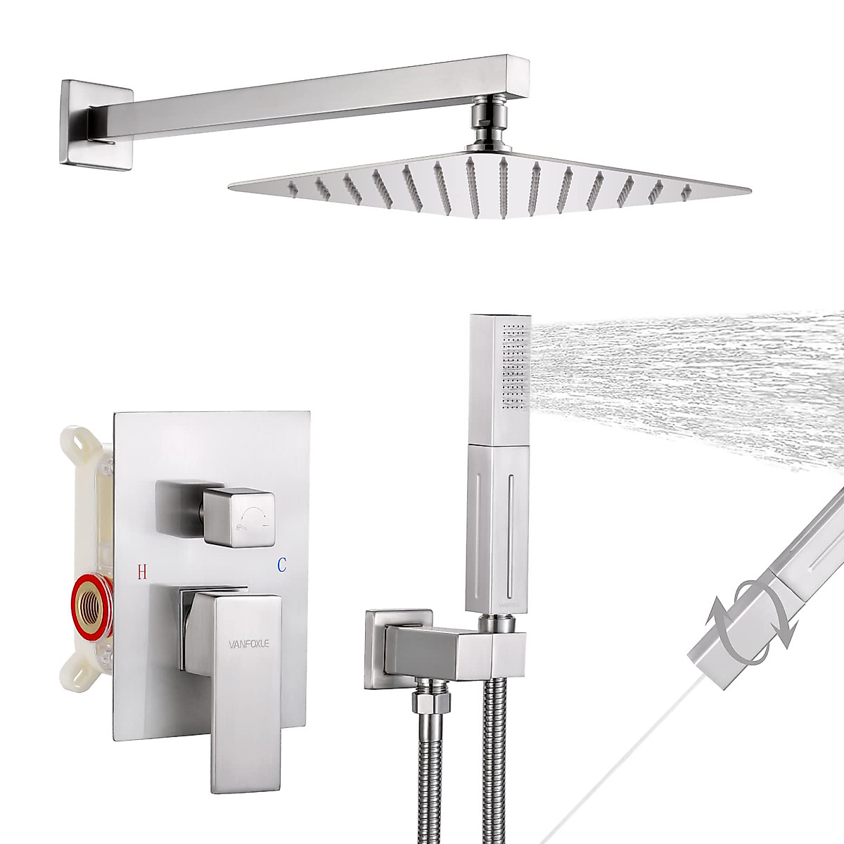 VANFOXLE 10 Inches Bathroom Luxury Rain Mixer Shower Combo Set Wall Mounted Rainfall Shower Head System Brushed Nickel Finish Shower Faucet Rough-In