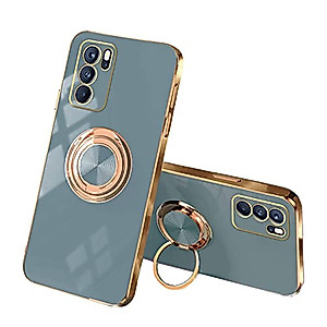 Wousunly Compatible with Oppo Reno 6 5G Case Ring Holder Magnet Green, Oppo Reno 6 5G Phone Case Silicone Shockproof Plate Luxury Slim Cover (Grey)