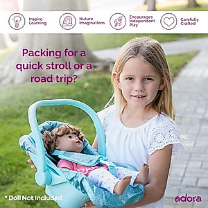 Adora Glam Sparkly & Glittery Aqua Car Seat Carrier, Baby Doll Car Seat That Fits up to 20" Dolls and Stuffed Animals, Birthday Gift for Ages 2+ - Blue Glitter