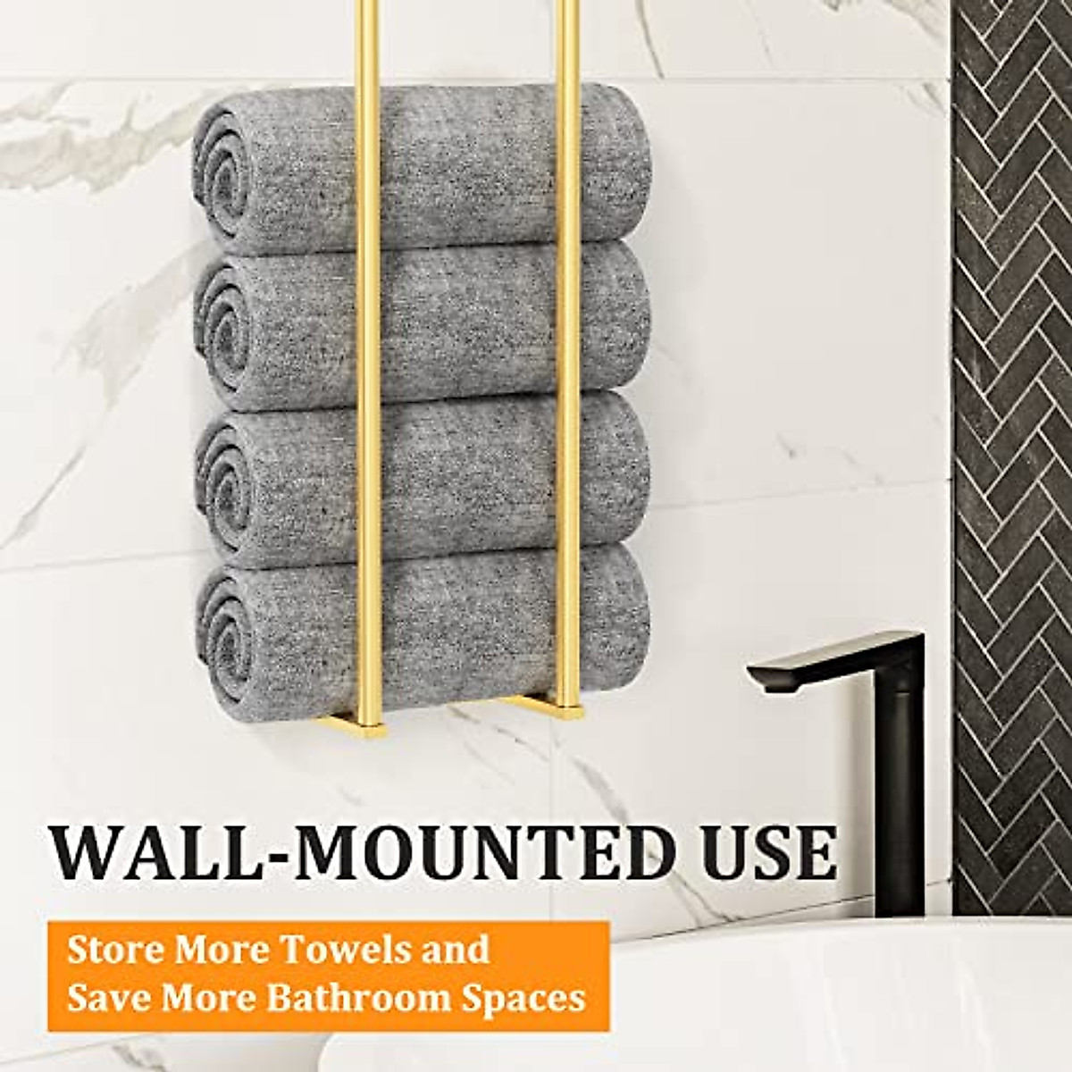 Birosnsy Towel Racks for Bathroom Wall Mounted Rolled Towel Holders Towel Storage Organizer for Small Bathroom Mounted Towel Rack Holds Hand Towels Robes Towels Washcloths in Bathroom/RV/Camper Gold