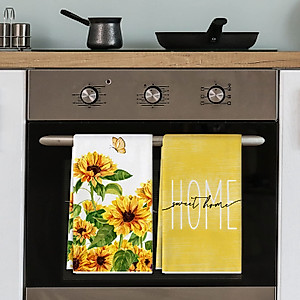 AnyDesign Sunflower Kitchen Towel Home Sweet Home Floral Dish Towel Spring Summer Flower Butterfly Hand Drying Tea Towel for Seasonal Cooking Baking Cleaning, 18 x 28 Inch, 2 Packs
