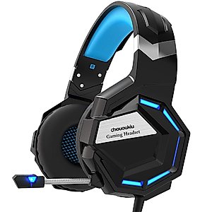 Gaming Headset - Chououkiu Headset Gaming Headphone for Xbox One, PS4, PC, Surround Sound Over Ear Headphones with Noise Cancelling Mic, LED Light Bass Surround Soft Memory Earmuffs (Blue)