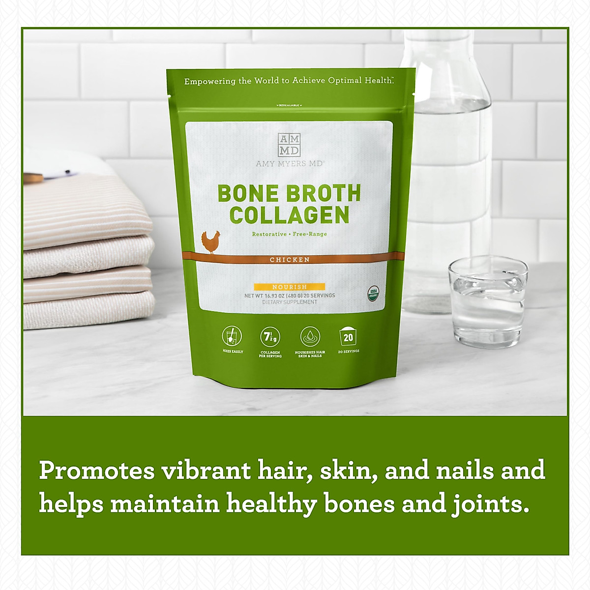 Amy Myers MD Bone Broth Collagen Powder - Type II Collagen Protein Powder from Organic Chicken Bone Broth - Supports Hair, Skin, Nails, Bones & Joints Health - Keto Friendly, 20 Servings (Chicken)